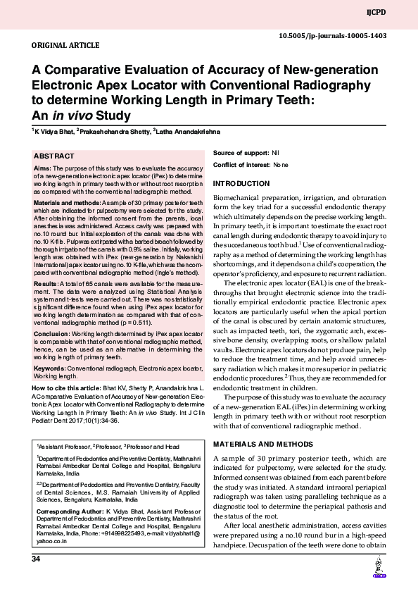 Pdf A Comparative Evaluation Of Accuracy Of New Generation Electronic Apex Locator With