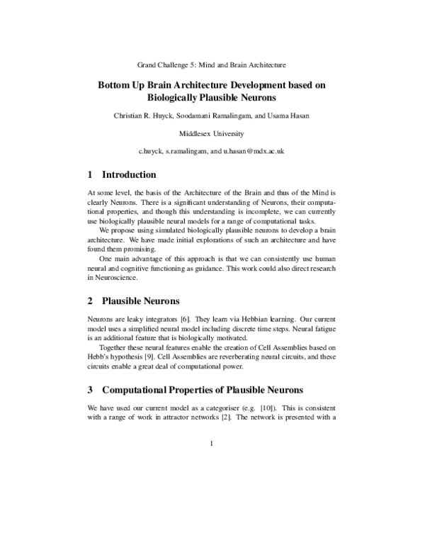 (PDF) Bottom Up Brain Architecture Development based on Biologically ...