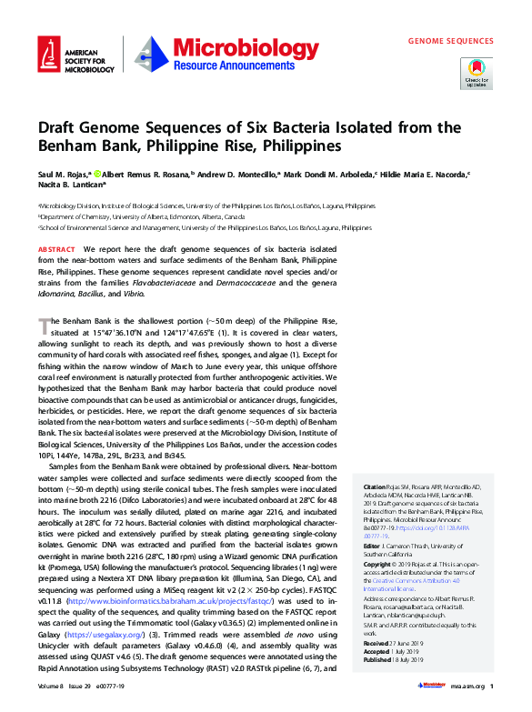 (PDF) Draft Genome Sequences of Six Bacteria Isolated from the Benham ...