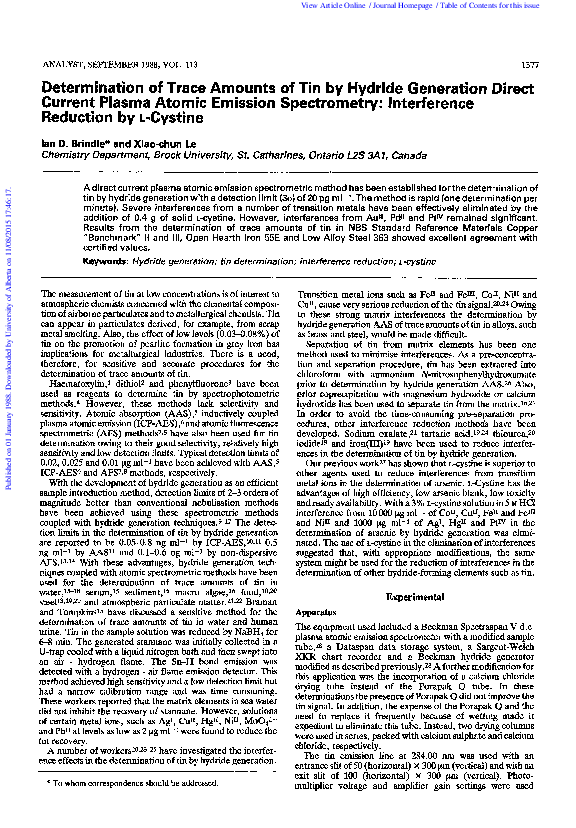 Pdf Determination Of Trace Amounts Of Tin By Hydride Generation Direct Current Plasma Atomic