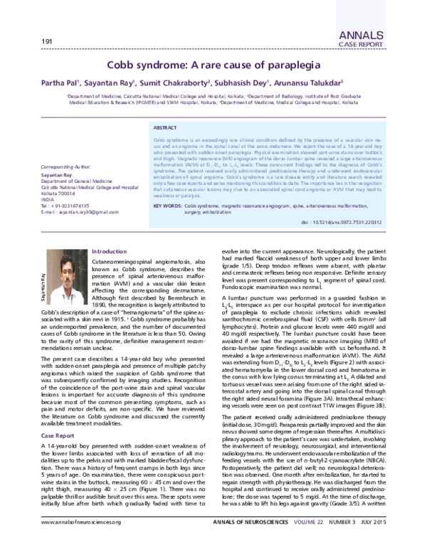 (PDF) Cobb syndrome: A rare cause of paraplegia