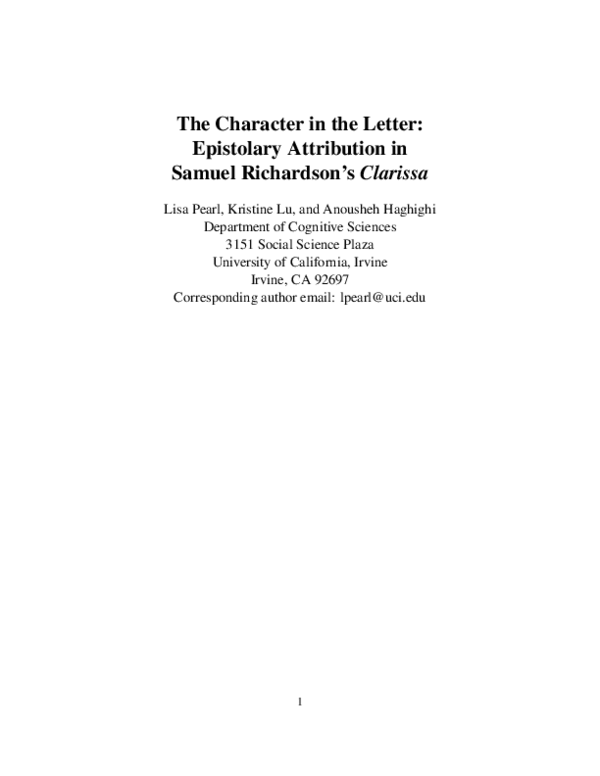 (PDF) Character Writeprints in Richardson's Clarissa