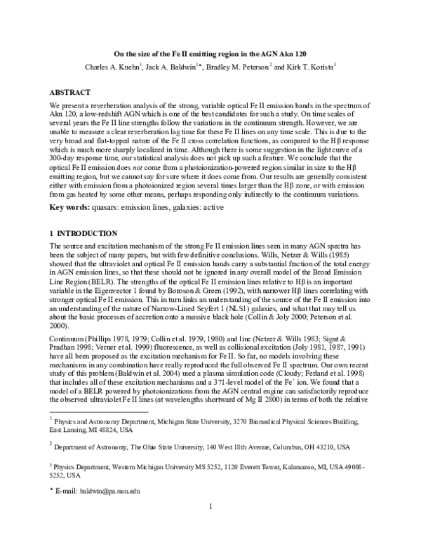 (PDF) On the size of the Fe II emitting region in the AGN Akn 120