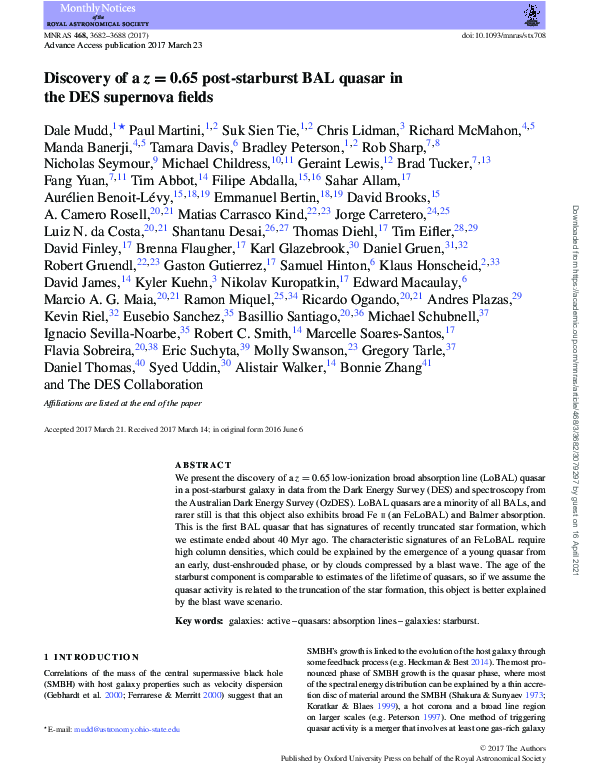 (PDF) Discovery of a z = 0.65 post-starburst BAL quasar in the DES ...