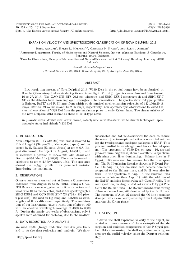 (PDF) Expansion Velocity and Spectroscopic Classification of Nova ...