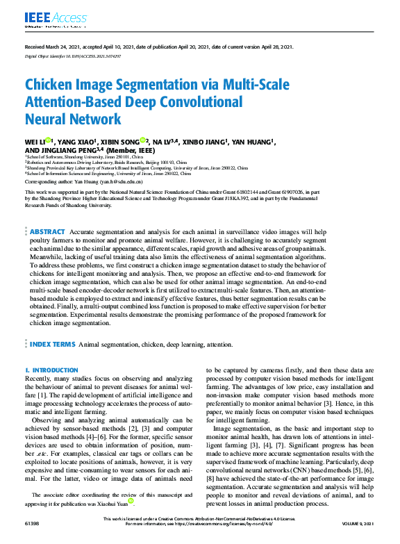 (PDF) Chicken Image Segmentation via Multi-Scale Attention-Based Deep Convolutional Neural Network