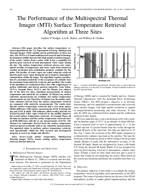 (PDF) The performance of the multispectral thermal imager (MTI) surface temperature retrieval ...