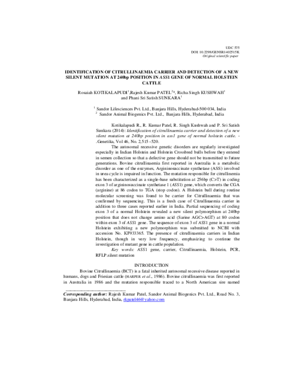 (PDF) Identification of citrullinaemia carrier and detection of a new ...