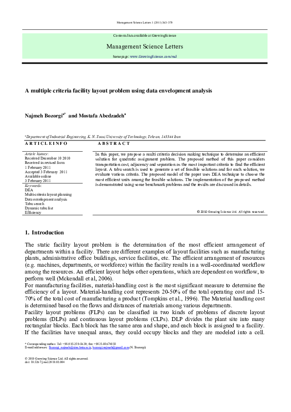 (PDF) A multiple criteria facility layout problem using data envelopment analysis | Najmeh ...