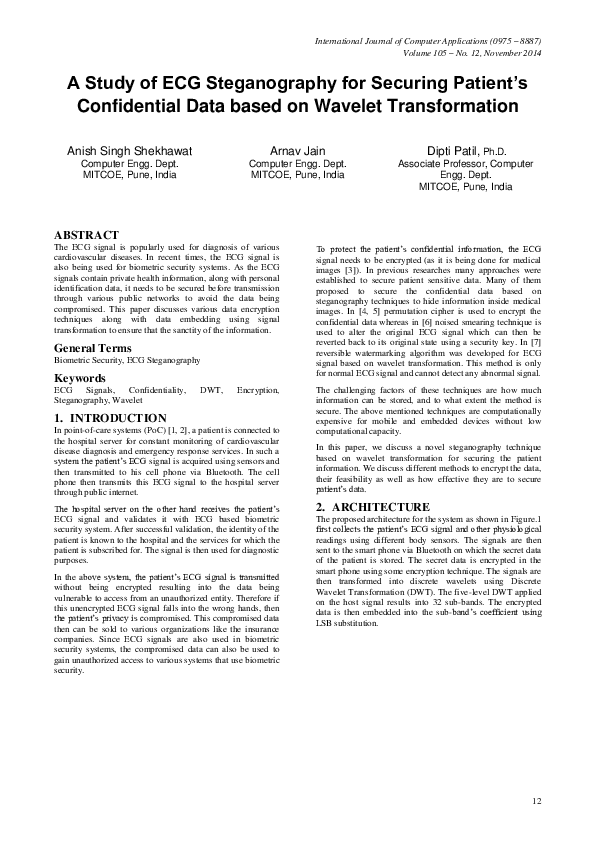(PDF) A Study of ECG Steganography for Securing Patient's Confidential Data based on Wavelet ...