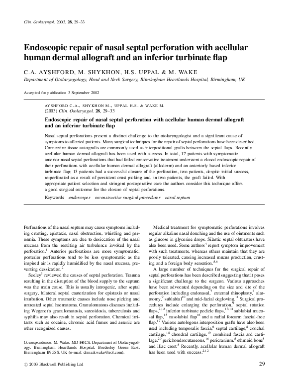 (PDF) Endoscopic repair of nasal septal perforation with acellular ...
