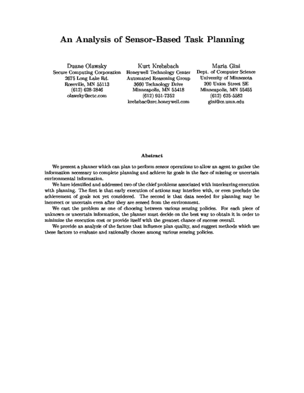 Pdf An Analysis Of Sensor Based Task Planning
