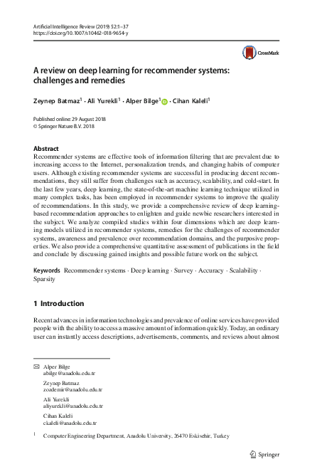 (PDF) A review on deep learning for recommender systems: challenges and remedies