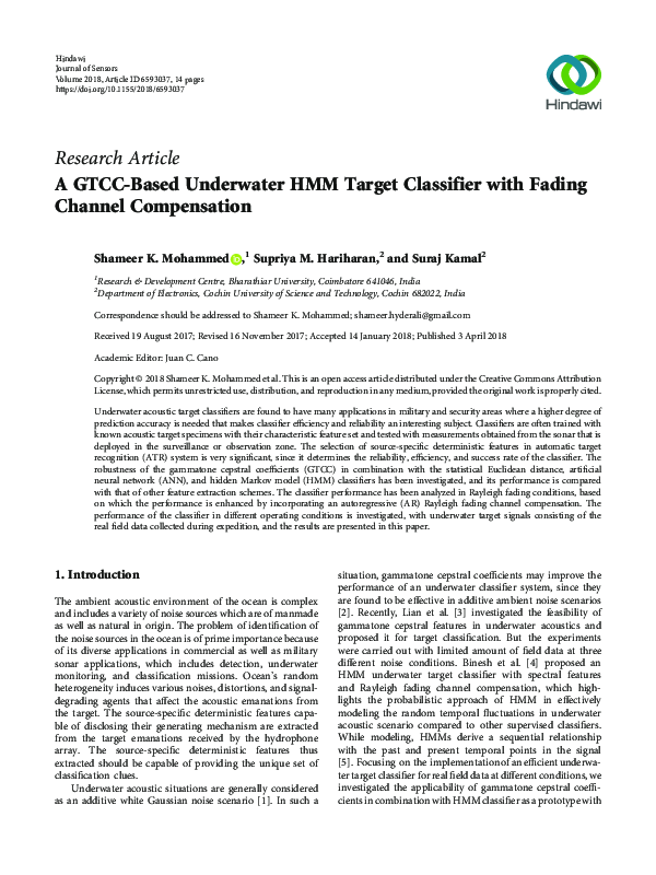 (PDF) A GTCC-Based Underwater HMM Target Classifier with Fading Channel Compensation
