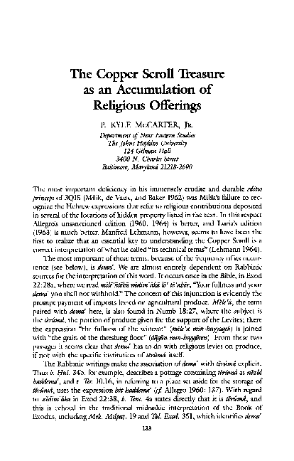 (PDF) The Copper Scroll Treasure as an Accumulation of Religious Offerings