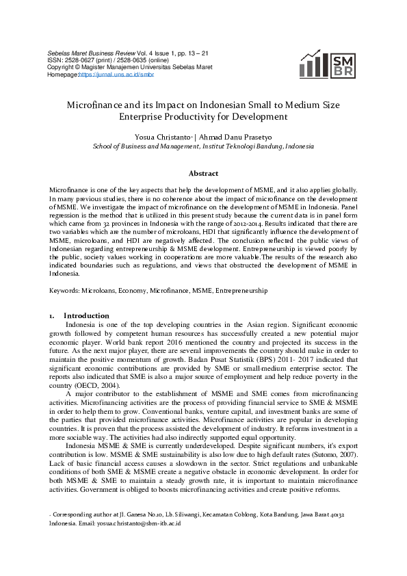 (PDF) Microfinance and its Impact on Indonesian Small to Medium Size Enterprise Productivity for ...