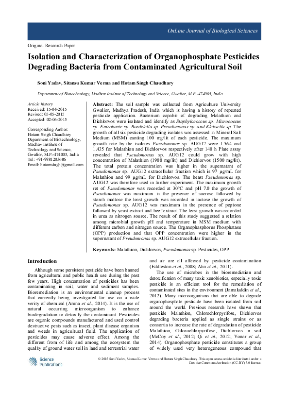 (PDF) Isolation and Characterization of Organophosphate Pesticides Degrading Bacteria from ...