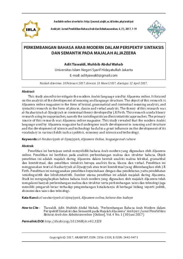 (PDF) Perkembangan Bahasa Arab Modern Dalam Perspektif Sintaksis Dan Semantik Pada Majalah Aljazeera
