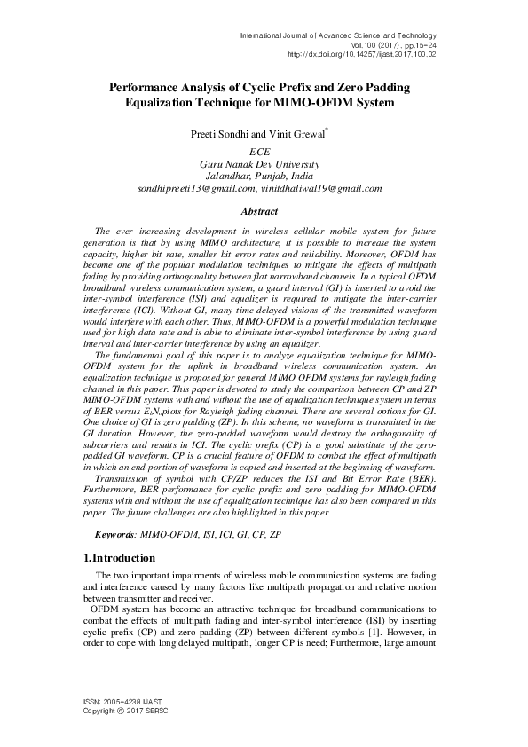 Pdf Performance Analysis Of Cyclic Prefix And Zero Padding Equalization Technique For Mimo