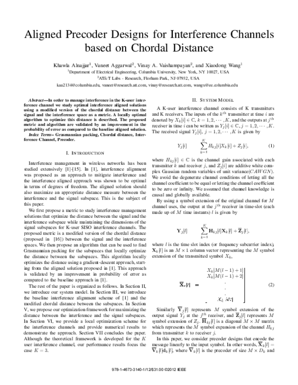 (PDF) Aligned precoder designs for interference channels based on chordal distance