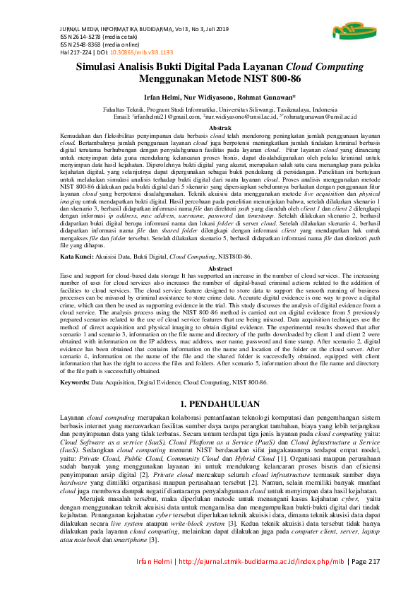 (PDF) Simulasi Analisis Bukti Digital Pada Layanan Cloud Computing Menggunakan Metode NIST 800 ...