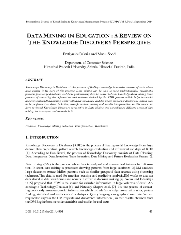 (PDF) Data Mining in Education : A Review on the Knowledge Discovery Perspective