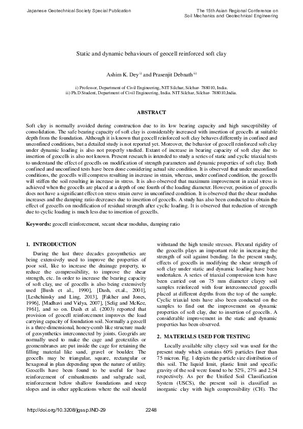 Pdf Static And Dynamic Behaviours Of Geocell Reinforced Soft Clay