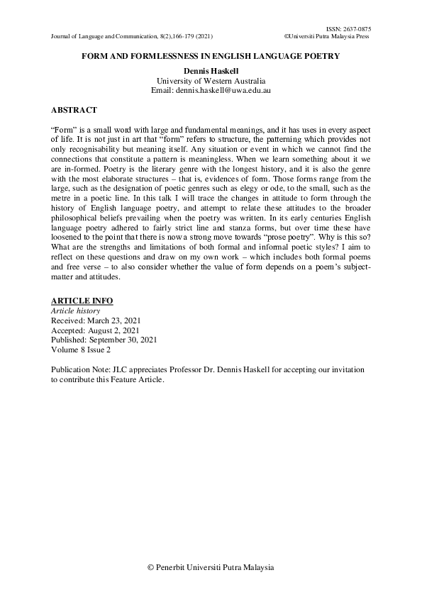 (PDF) FORM AND FORMLESSNESS IN ENGLISH LANGUAGE POETRY
