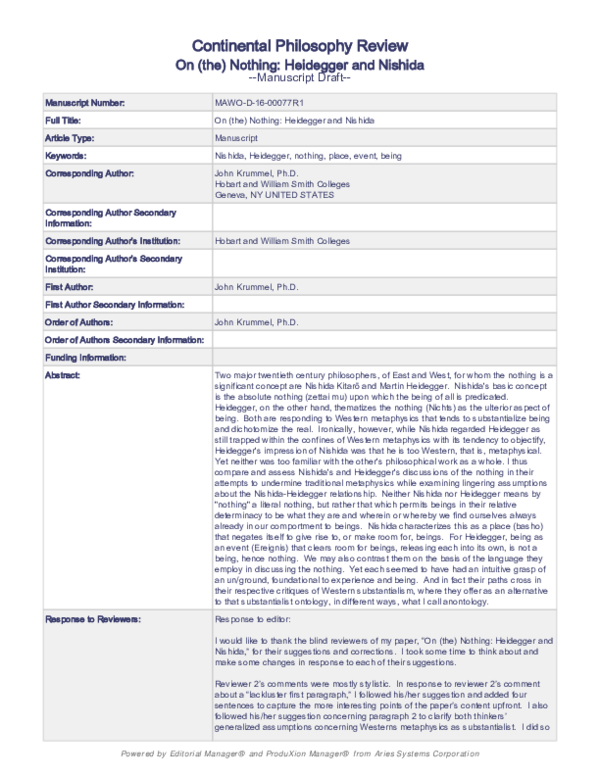 (PDF) On (the) Nothing: Heidegger and Nishida