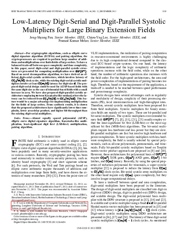 Pdf Low Latency Digit Serial And Digit Parallel Systolic Multipliers For Large Binary