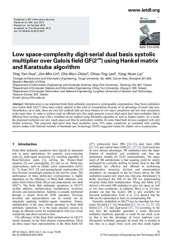 Pdf Low Space Complexity Digit Serial Dual Basis Systolic Multiplier Over Galois Field Gf2 M