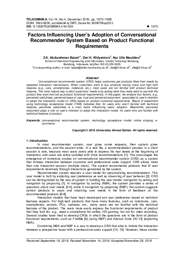 (PDF) Factors Influencing User’s Adoption of Conversational Recommender System Based on Product ...