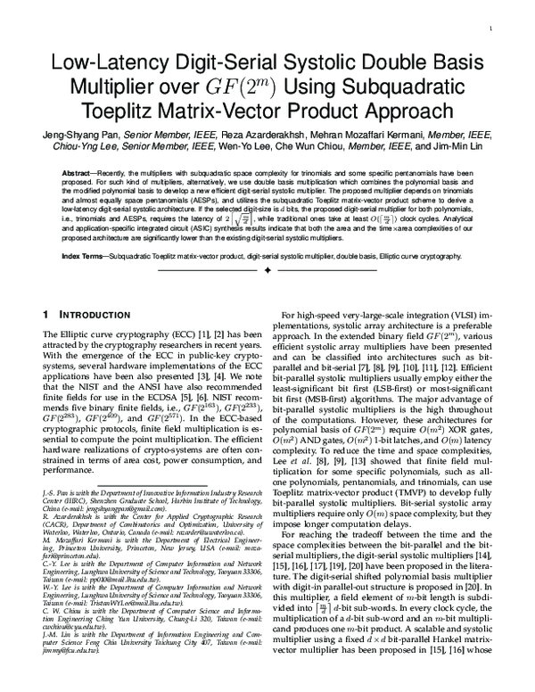 Pdf Low Latency Digit Serial Systolic Double Basis Multiplier Over Gf2m Using Subquadratic