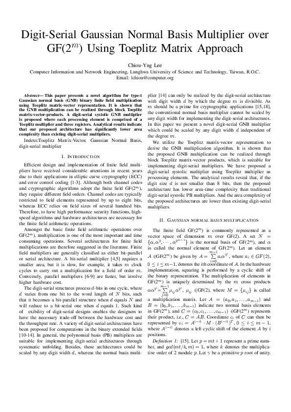 Pdf Digit Serial Gaussian Normal Basis Multiplier Over Gf 2m Using Toeplitz Matrix Approach