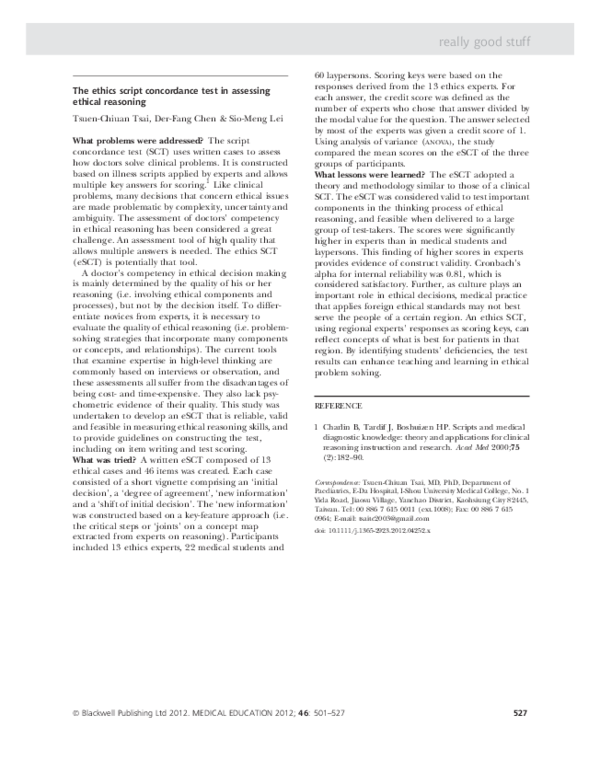 (PDF) The ethics script concordance test in assessing ethical reasoning