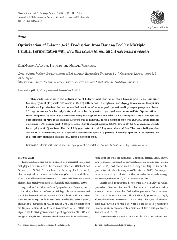 (PDF) Optimization of L-lactic Acid Production from Banana Peel by Multiple Parallel ...