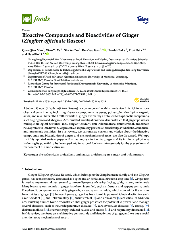 (PDF) Bioactive Compounds and Bioactivities of Ginger (Zingiber officinale Roscoe)