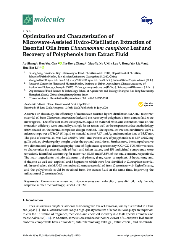 (PDF) Optimization and Characterization of Microwave-Assisted Hydro-Distillation Extraction of ...