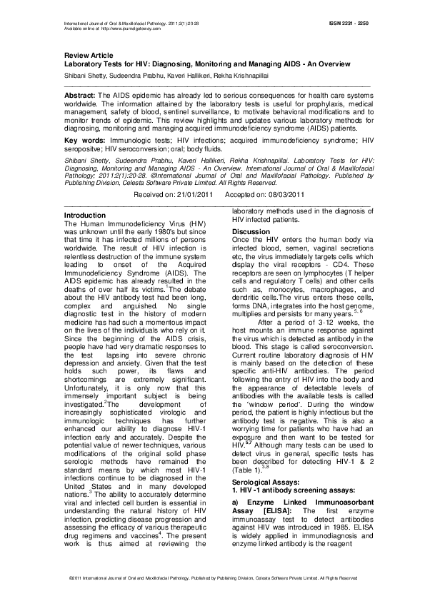 (PDF) Laboratory Tests for HIV: Diagnosing, Monitoring and Managing ...