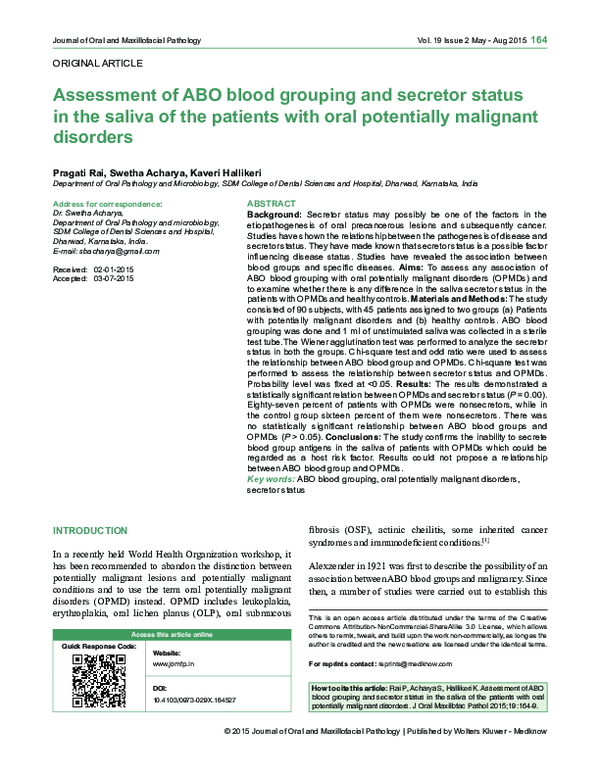 (PDF) Assessment of ABO blood grouping and secretor status in the ...