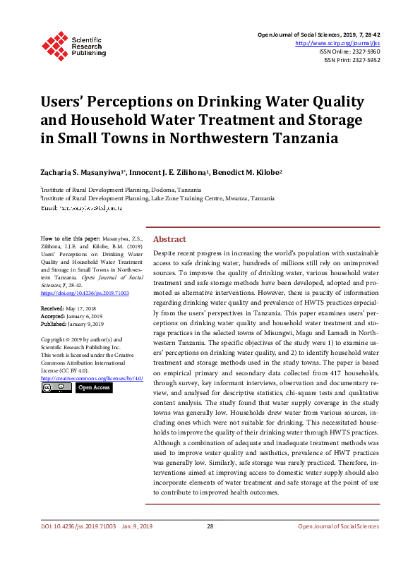 (PDF) Users’ Perceptions on Drinking Water Quality and Household Water ...