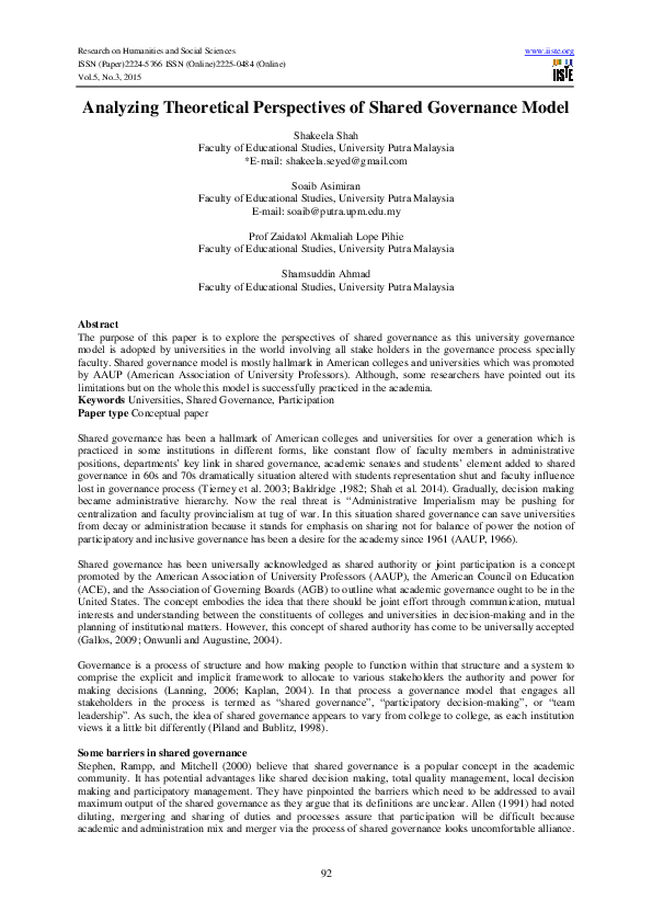 (PDF) Analyzing Theoretical Perspectives of Shared Governance Model