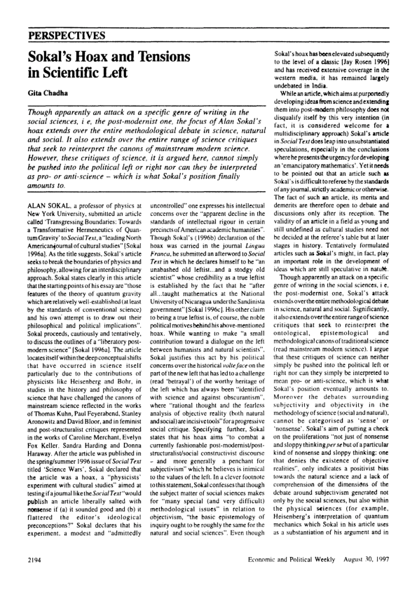 (PDF) Sokal s Hoax and Tensions in Scientific Left