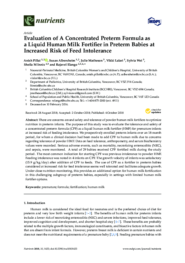 (PDF) Evaluation of A Concentrated Preterm Formula as a Liquid Human ...