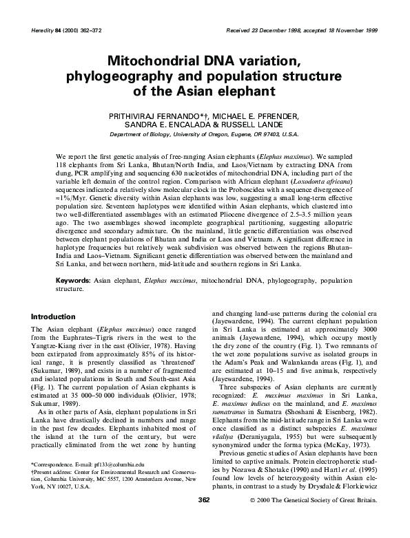 (PDF) Mitochondrial DNA variation, phylogeography and population structure of the Asian elephant