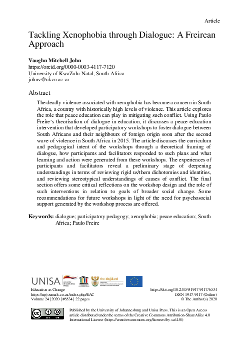 (PDF) Tackling Xenophobia through Dialogue: A Freirean Approach