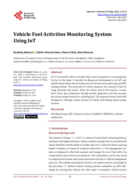 (PDF) Vehicle Fuel Activities Monitoring System Using IoT