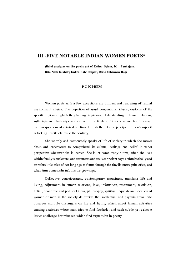 (DOC) III -FIVE NOTABLE INDIAN WOMEN POETS* (Brief analyzes on the ...
