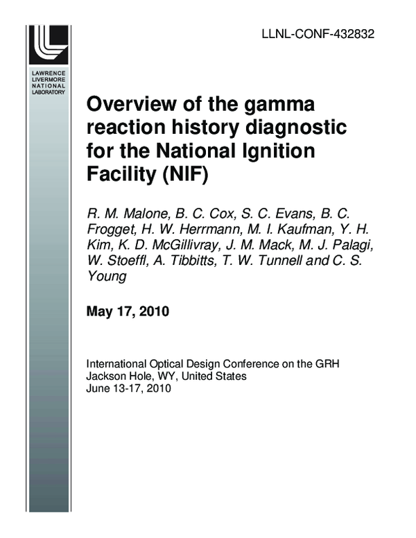 Pdf Overview Of The Gamma Reaction History Diagnostic For The National Ignition Facility Nif