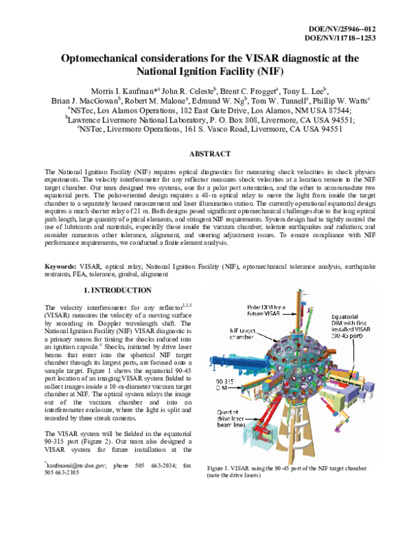 (PDF) Optomechanical considerations for the VISAR diagnostic at the ...